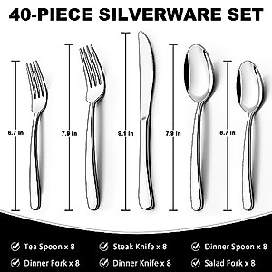 40-Piece Silverware Set, Heavy Duty Stainless Steel Flatware Set for 8, Food-Grade Tableware Cutlery Set, Utensil Sets for Home Restaurant, Mirror Finish, Dishwasher Safe