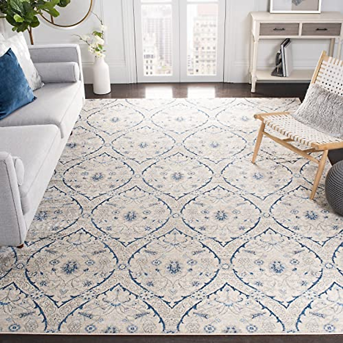 SAFAVIEH Brentwood Collection 8' x 10' Navy / Light Grey BNT860M Floral Damask Ogee Trellis Non-Shedding Living Room Bedroom Dining Home Office Area Rug