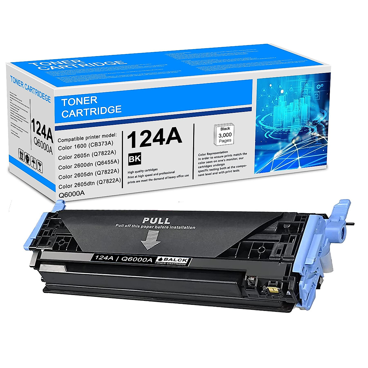 1 Pack 124A Q6000A Black Toner Cartridge Compatible Q6000A Replacement for HP 124A Q6000A for HP Color 1600 2600n 2605dn 2605dtn MFP CM1015mfp CM1017mfp Printer