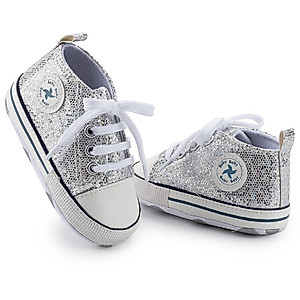 Baby Girls Boys Shoes Soft Anti-Slip Sole Newborn First Walkers Star High Top Canvas Denim Unisex Infant Sneaker (B01-sequins Sliver, 0-6 Months)