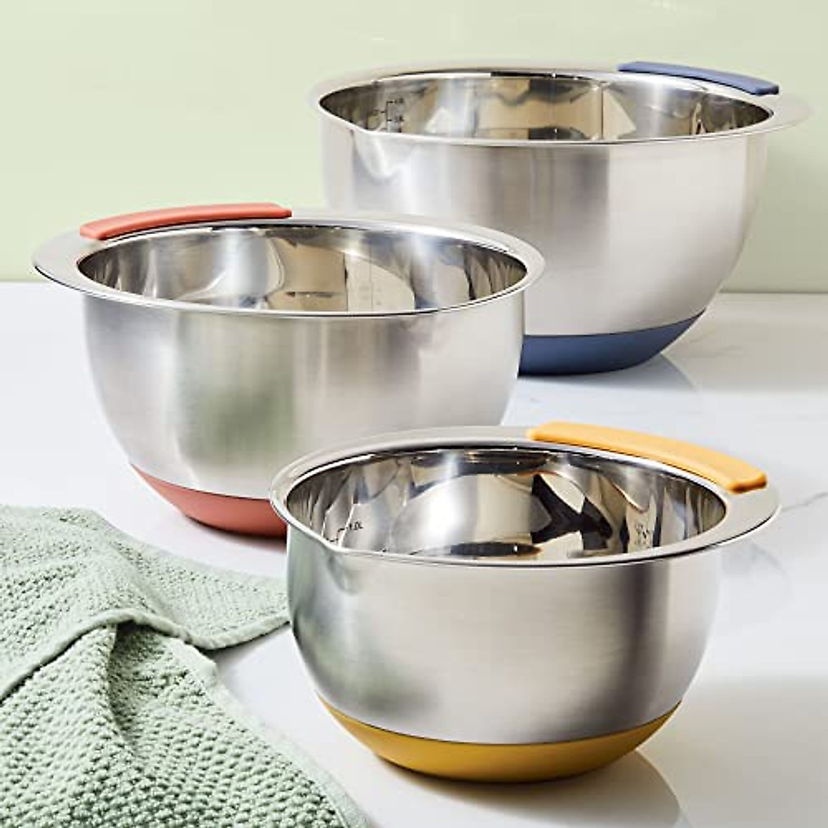 Ayesha Curry Kitchenware Pantryware Stainless Steel Nesting Mixing Bowls Set, 3 Piece, Silver with Color Accent Handles
