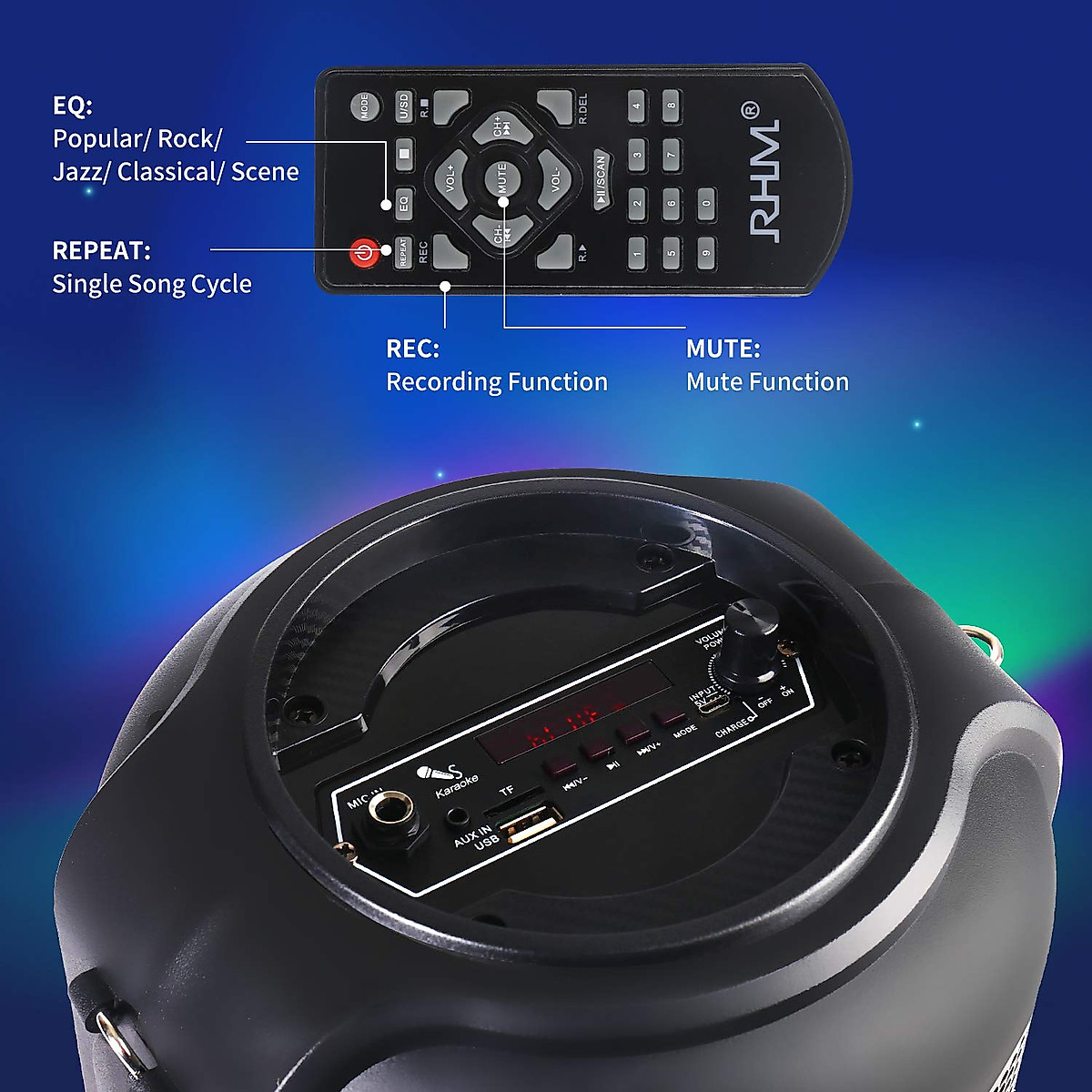 RHM K113 Karaoke Machine with 6 Color Change, Powerful Sound, Rechargeable Battery & A Wired Microphone, 6 Hours Playtime, Support Bluetooth/AUX/USB/TF/FM/REC, for Home/Party/Picnic/Outdoor Actives