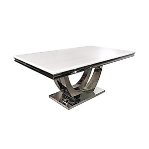 Simple Relax Rectangle Faux Marble Top Dining Table, White and Chrome