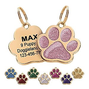 Custom Gold pet ID Tags Sparkly paw Shape Personalized Shiny Dog Glitter Silent Cute Dog tag for Puppies Laser Engraved Name and Phone Number Identification