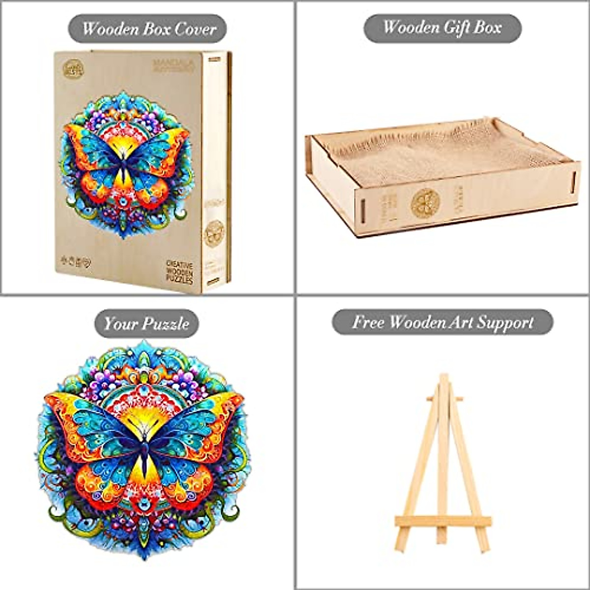 Wooden Jigsaw Puzzle Butterfly Shape, 200pcs 10.1x9.9in. Eco-Friendly Unique Animal Shape Mandarin Butterfly Puzzle Gift with Wooden Stand in Wooden Box for Adults and Kids