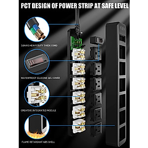 Outdoor Power Strip Weatherproof 6 Wide Outlets with Switch, Waterproof Surge Protector, 6ft Extension Cord, Wall Mountable Perfect for Patio Garden Kitchen Bathroom Babyroom TV