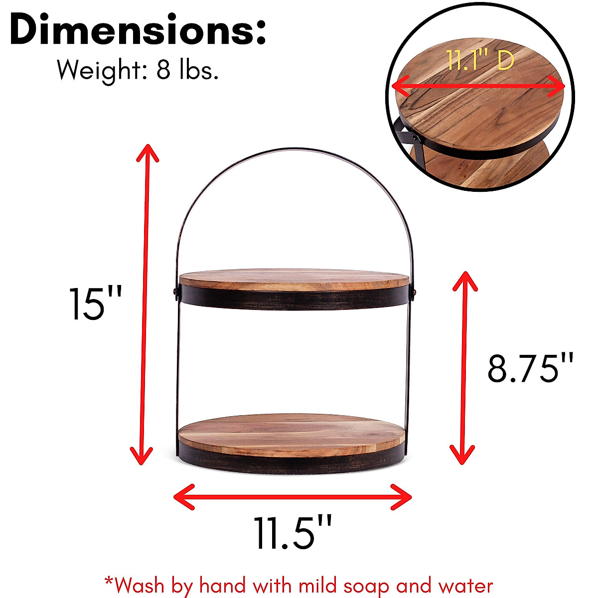 BIRDROCK HOME 2-Tier Cupcake and Cake Stand with Handle - Wood Iron Dessert Serving Tray - Rustic Farmhouse Dessert Stand - Modern Party Tiered Server - Table Kitchen Home Display - Round