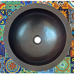 15" Round Copper Bathroom Sink Mexican Copper Bath Sink Pure Copper Hand Hammered Dual Mount Dark CPS05
