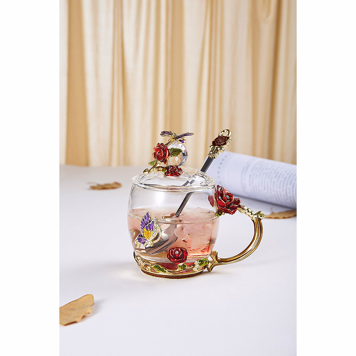 Guon-Wuvl Flower Teacup Transparent Glass Teacup, (With Spoon + Lid), Fancy Tea Cups, Flower Tea Cup,Tea Cup Gift, Gifts for Women,Mother's Day Present，Gift Box. (Rose Red Short Cup)
