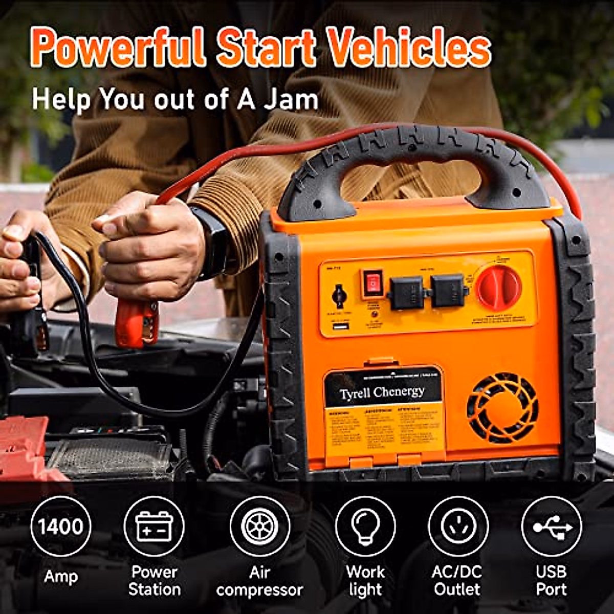 Tyrell Chenergy Jump Starter with air Compressor, 400W Power Inverter Dual AC/DC Ports,2.1A USB Port