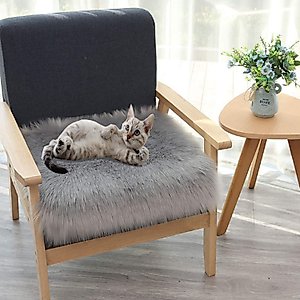 Faux Fur Chair Pad Soft Fluffy Seat Cushion Square Sheepskin Chair Cover Chair Seat Pad for Desk Office Chair (16"x16",Grey)