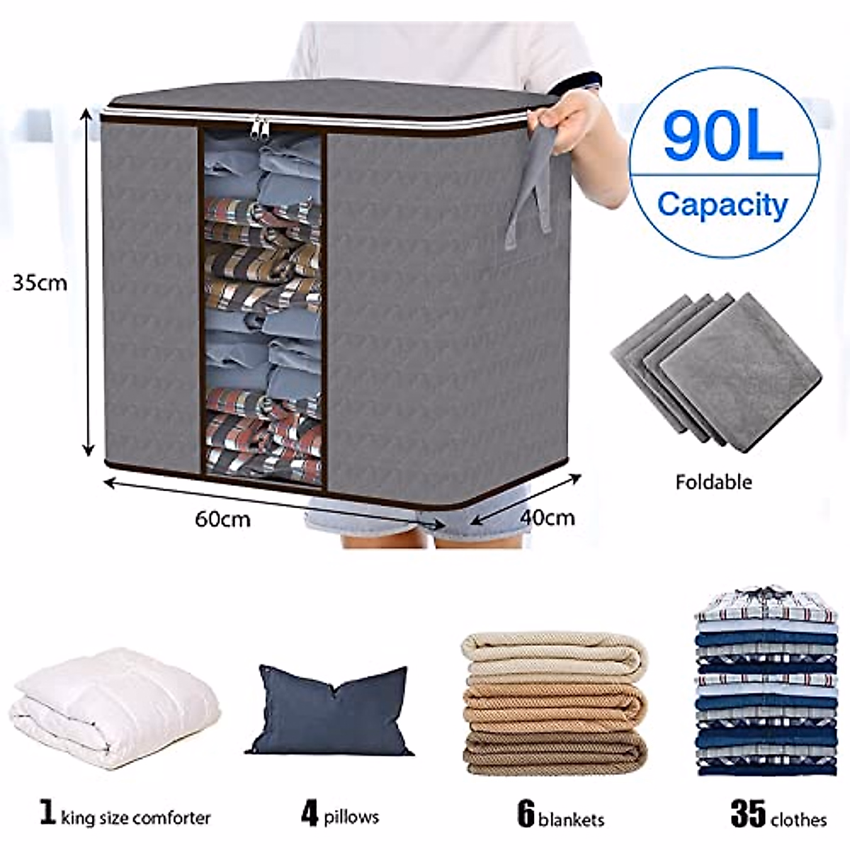 Micilelife Clothes Storage Bag 90L Large Storage Bags Closet Organizers and Storage，3-Pack, Gray,Foldable Organizer, With Clear Window,Suitable for Finishing Of Household ItemsReinforced Thick and Durable Organizer, Suitable for Finishing the Bedrooms,To