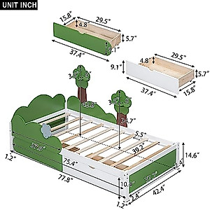 Merax Twin Bed with Clouds and Rainbow Decor, Wood Bed Frame with Storage Drawers for Kids