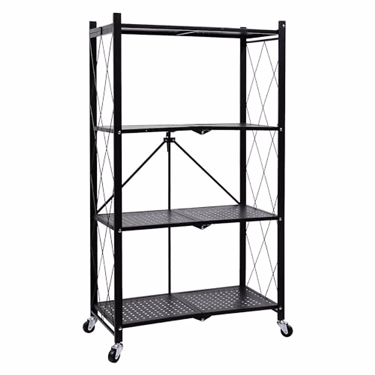 Foldable Storage Shelves on Wheels, 4 Tier Shelves for Storage, Heavy Duty Metal Shelving Units, No Assembly Storage Rack for Garage, Kitchen, Basement, Pantry, Black