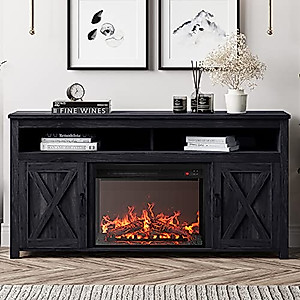 BELLEZE 58" TV Stand with 23" Electric Fireplace, Barn Door TV Stand for TVs up to 60", Wood Entertainment Center with Open Shelves and Cabinets - Corin (Rustic Grey)