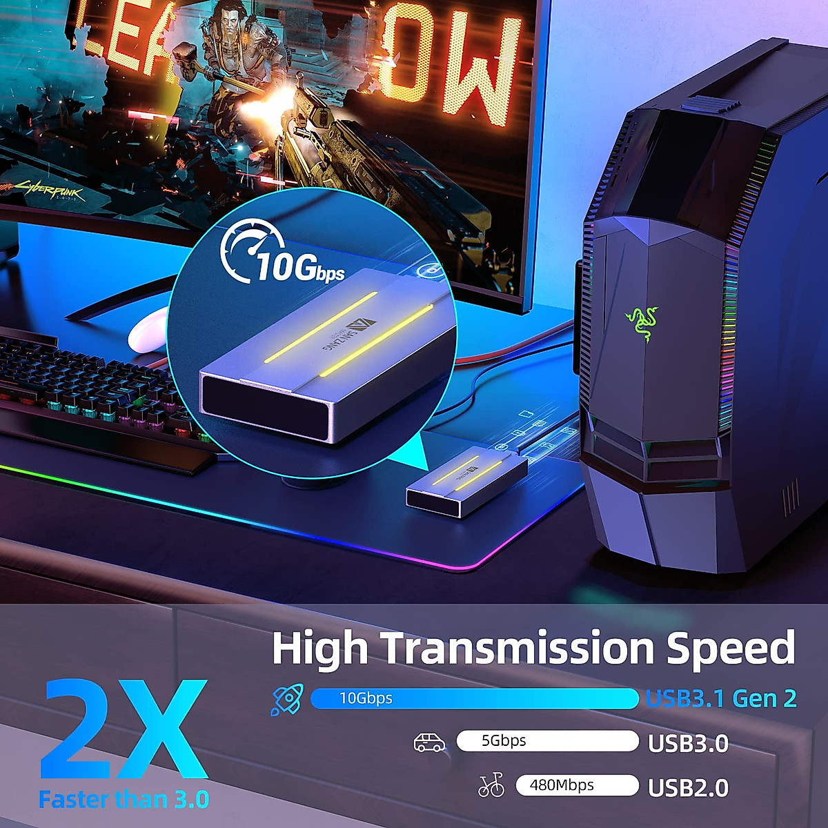 RGB M.2 NVME SSD Enclosure for Gaming, SANZANG USB 3.1 Gen 2(10 Gbps) Type C to NGFF NVME PCIe M-Key(B&M Key) External Solid State Drive Enclosure, Support UASP Trim for SSDs Size 2280/2260/2242/2230