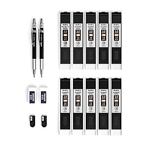 Nicpro 2mm Metal Mechanical Pencil Set, 2PCS Lead Holder 2.0 mm Marker Artist Carpenter Pencils with 120 Graphite Lead Refill (HB 2H 4H 2B 4B & Color), 2 Eraser for Drafting, Drawing Writing Sketching