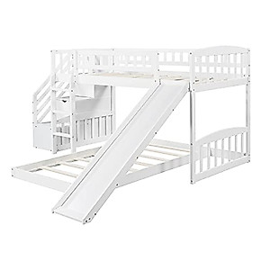 Bunk Beds with Slide Twin Over Twin Low Bunk Bed Frame with Storage Drawers Stairway Wood Bunk Bed for Kids Boys Girls, White