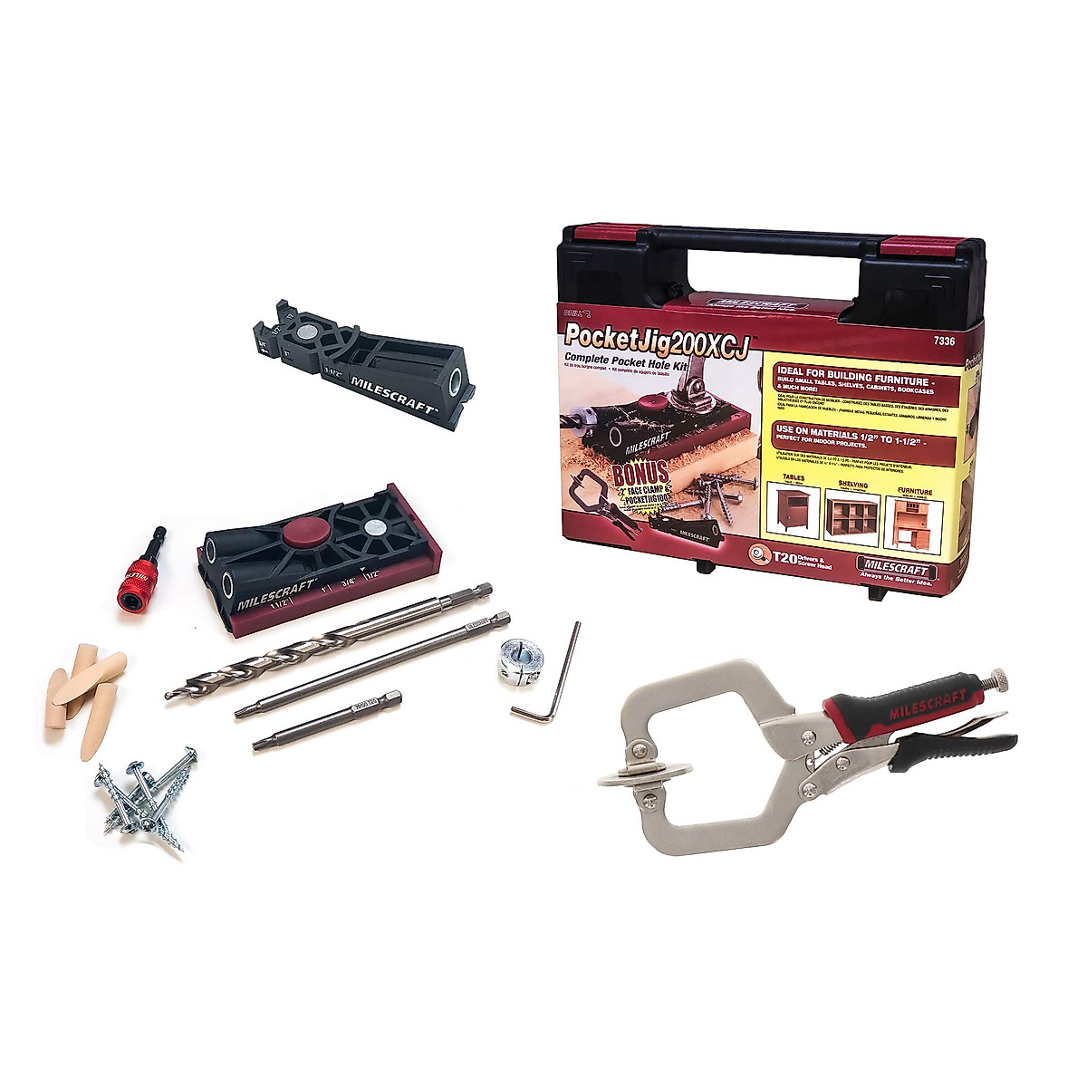 Milescraft 7336 Pocket Jig 200XCJ - Pocket Hole Bundle with Double Barrel Pocket Hole Jig, Single Barrel Pocket Hole jig, 2" Face Clamp, And Accessories Needed With Any Pocket Hole Project