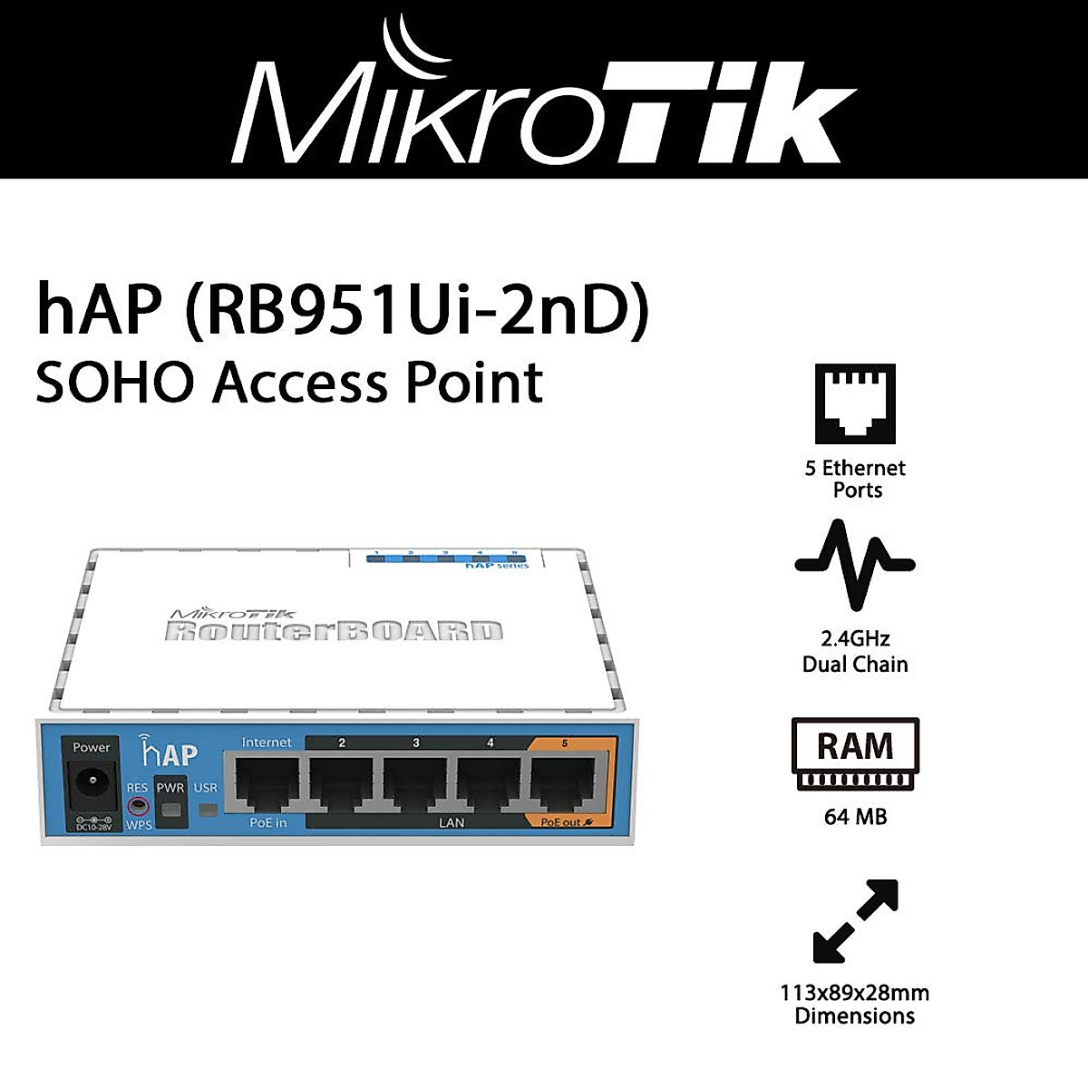 Mikrotik RouterBoard hAP 2.4Ghz 802.11b/g/n 2x2 64MB Wireless Access Point 5x10/100 USB for 3G/4G, OSL4 - RB951Ui-2nD