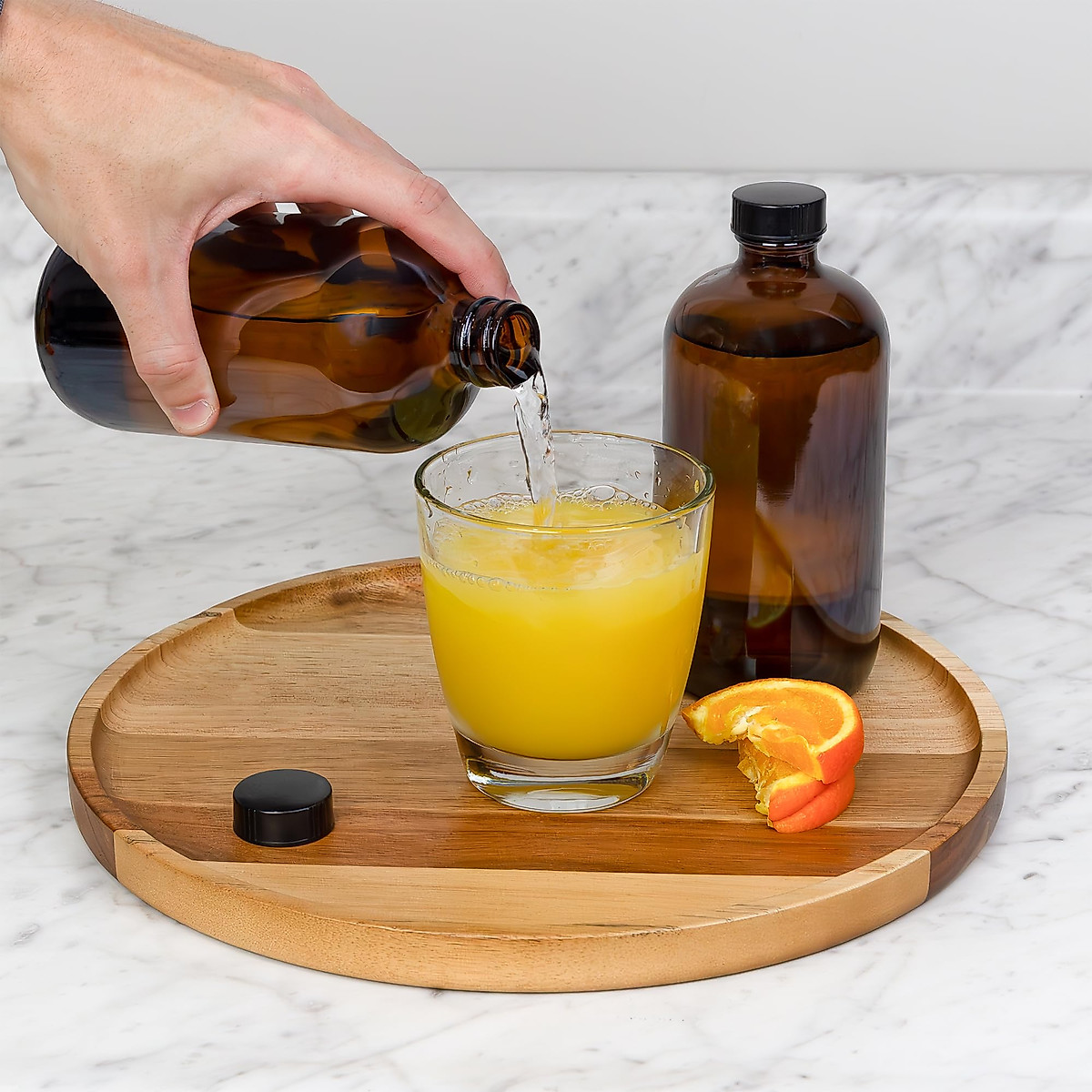 Cornucopia 16oz Amber Glass Bottles with Reusable Chalk Labels and Lids (2 Pack), Refillable Brown Boston Round Bottles, with Black 28-400 Caps