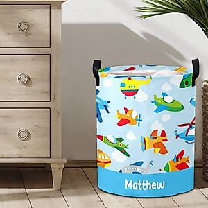 Personalized Laundry Basket Hamper,Airplane Blue Clouds,Collapsible Storage Baskets with Handles for Kids Room,Clothes, Nursery Decor