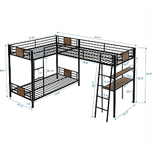 Metal Triple Bunk Bed with Desk and Shelf, L-Shaped Bunk Bed for 3 Kids Teens Adults, Twin Over Twin Bunk Bed with a Twin Size Loft Bed Attached – Brown