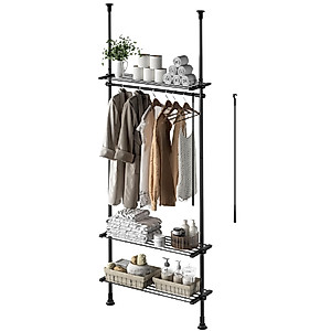DYN Ptah 4-Tier Over Toilet Bathroom Organizer Floor to Ceiling, Over The Toilet Storage Rack with Tension Poles/Shelves/Clothes Rail, Adjustable Height, Width and Position, Metal Black