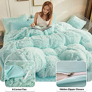 LIFEREVO Luxury Plush Shaggy Duvet Cover Set, Soft Velvet Fluffy Furry Duvet Cover Set(1 Faux Fur Fuzzy Comforter Cover + 2 Pom Poms Pillow Cases) Solid Bedding Set, Zipper Closure(Full/Queen, Mint)