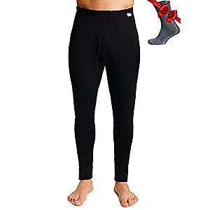 Merino Wool Men's Base Layer Pants — 100% Organic Wool Midweight Thermal Pants + Hiking Wool Socks (Medium, Black 250)