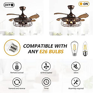 36" Industrial Reverse Ceiling Fan with Lights, Siljoy Vintage Rusty Cage Chandelier Fan Retractable Blades Fandelier with Remote Control for Farmhouse Dining Room Bedroom, 5 E26 Bulbs Not Included