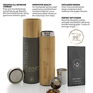 Teabloom All-Beverage Travel Tumbler – Large Capacity 17 oz / 500 ml – Insulated Thermos Mug – Eco-Friendly Bamboo – Hot and Cold Tea Infuser – Cold-Brew Coffee – Fruit-Infused Water – The Naturalist