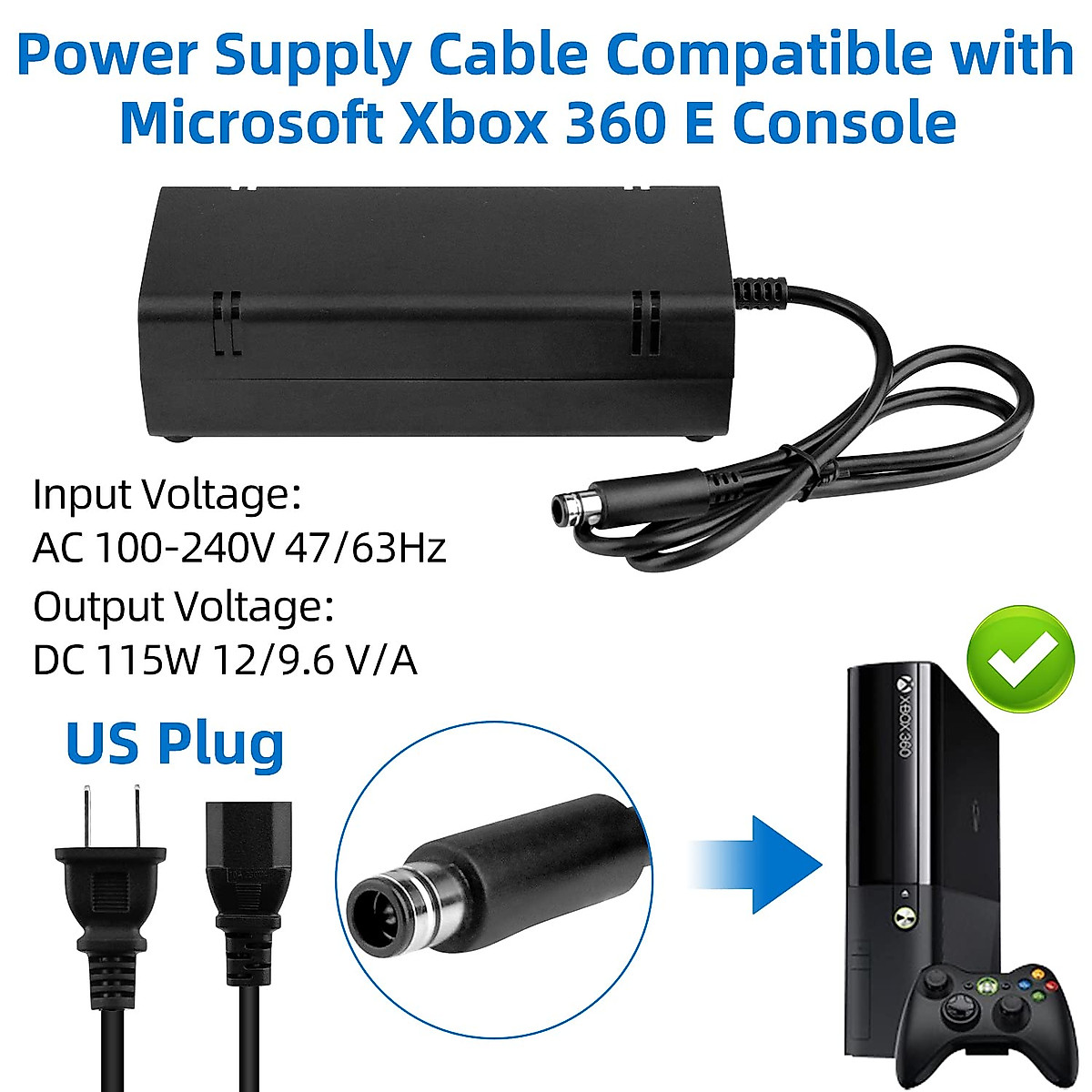 OSTENT US AC Adapter Charger Power Supply Cable Cord for Microsoft Xbox 360 E Console