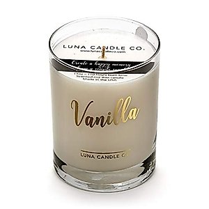 LUNA CANDLE CO. Vanilla Scented Jar Candle in 11oz. Clear Glass, Single Wick, Soy Wax, Up to 110 Hours of Burn Time, Great Gift for Home, Wedding, Birthday, Spa