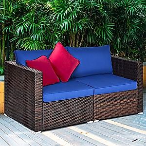 Tangkula Wicker Loveseat 2 Piece, Patio Furniture Couch with Removable Cushions, Rattan Loveseat Sofa for Balcony, Deck, Garden and Poolside