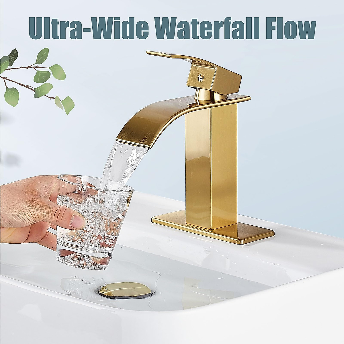 Aolemi Bathroom Faucet Single Handle 1 Hole Deck Mount Lavatory Vanity RV Sink Mixer Basin Tap with Cover Plate and Pop Up Drain Assembly, Brushed Gold, Waterfall Spout