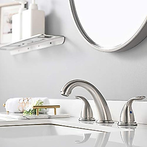 2 Handles 3 Holes Deck Mount Brushed Nickel Widespread Bathroom Faucet by phiestina,with Stainless Steel Pop Up Drain, WF008-5-BN
