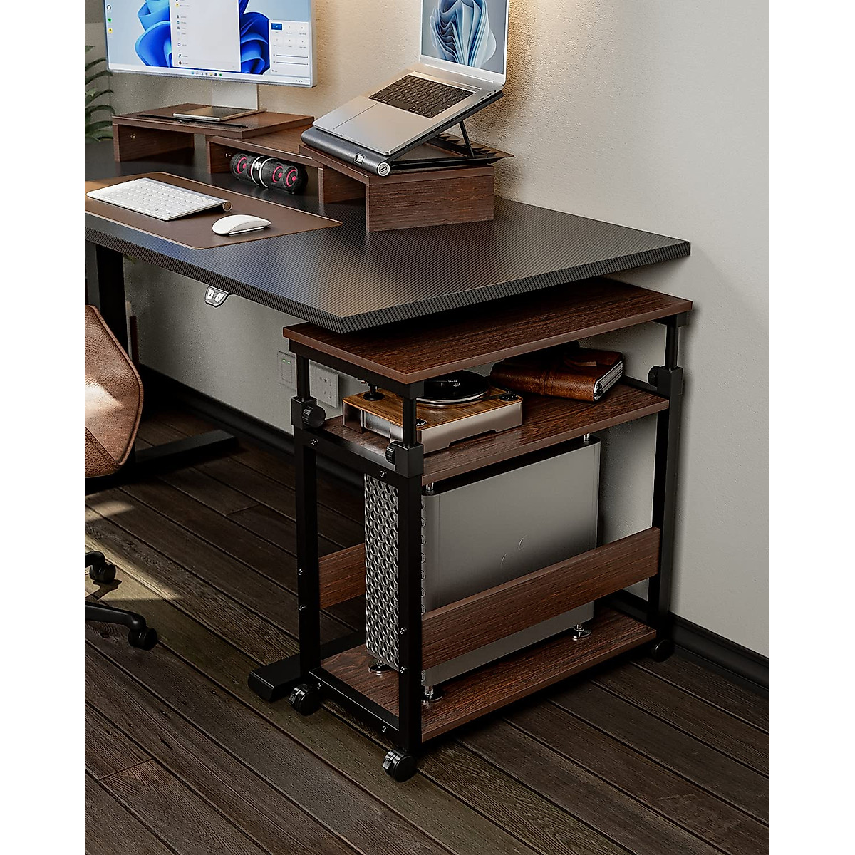 Computer Tower Stand with Wheels, Height Adjustable PC Tower Stand Under Desk, 3 Shelves Rolling Printer Cart for Home Office, Walnut