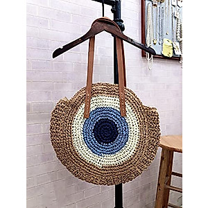 JBR Large Round Straw Bag Woven Shoulder Bag Tote Crossbody Bags Women Handwoven Handbags (Blue Eyes)