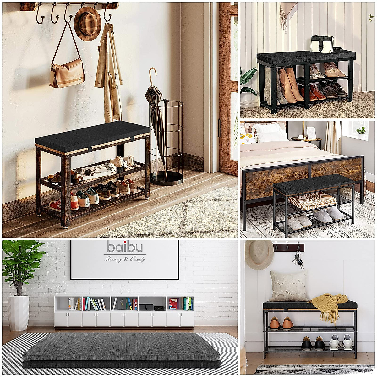 baibu Piano Bench Cushion 32 x12 inch for Indoor Shoe Storage Non Slip Picnic Bench Pad with Ties for Kitchen Dining Table Seat - One Pad Only (Black, 32x12x1.5in)