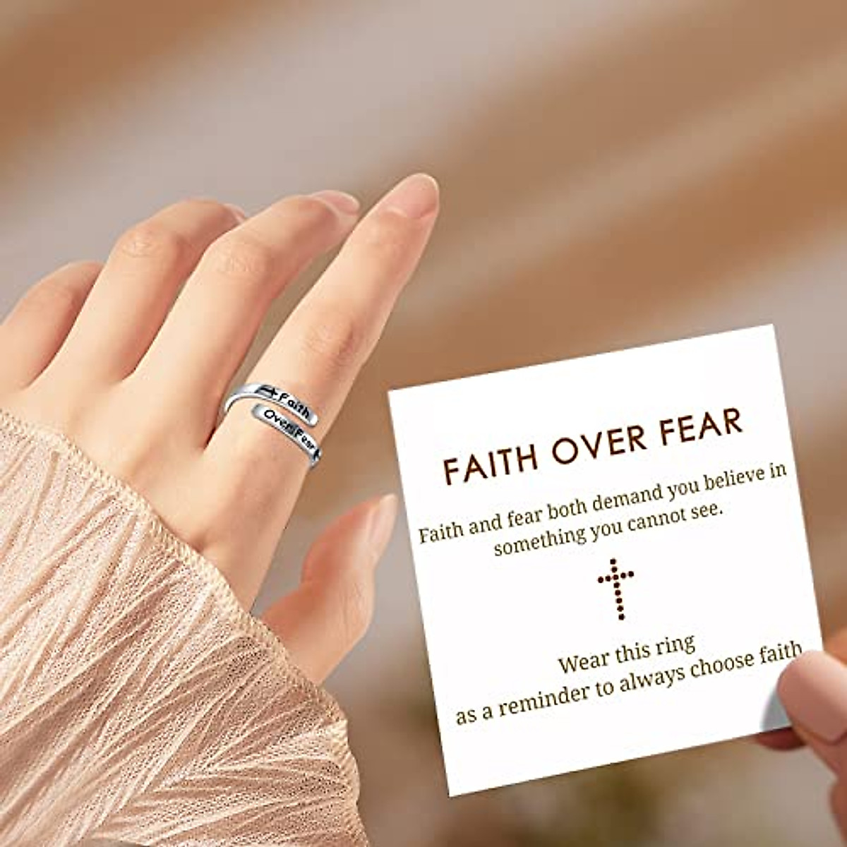 925 Sterling Silver Rings Inspirational Jewelry for Women Faith Cross Ring Gifts for Daughter Teen Girls Friend Faith Over Fear Wrap Open Ring Adjustable (Faith over fear)