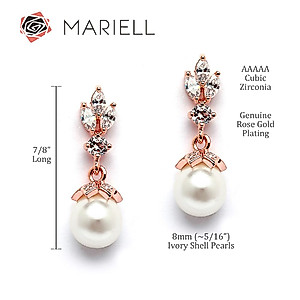Mariell Rose Gold Pearl Drop Wedding Earrings, 8MM Ivory Shell Pearls, Cubic Zirconia Crystal and Pearl Earrings for Brides, Bridesmaid, Prom and Mother of the Bride