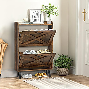 Incbruce Shoe Storage Cabinet with 2 Flip Drawers, Freestanding Ultra-Thin Shoe Cabinet with Wooden Legs for Entryway, Hallway, Bedroom (Brown - Small)