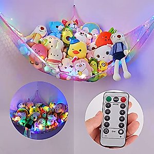 Basumee Stuffed Animals Net or Hammock with LED Light Hanging Toy Net Hammock for Stuffed Animals Storage Stuff Animals Hammocks for Nursery Kids Room with Remote Control, 8 Kinds of Lights, Rainbow