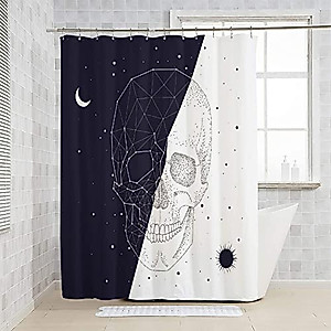 Sugar Skull Shower Curtain, Graveyard Mexico Design on Black White Backdrop Print, Cloth Fabric Bathroom Decor Set with Hooks 66x72Inch(168x183cm)