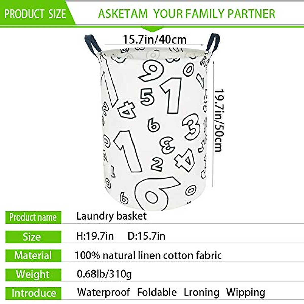 ASKETAM Baby Laundry Basket, Durable, Large Capacity, Lightweight, Portable, Waterproof