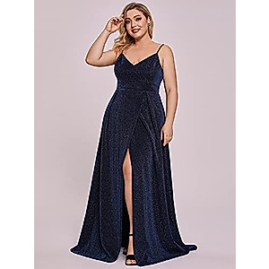 Ever-Pretty Women's Glitter Side Slit A-line Plus Size Evening Dresses for Party Navy Blue US16