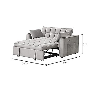 FULife 58" Convertible Sofa Couch with Pull-Out Sleeper,Adjustable Loveseat Armchair Single Bed Chair with Cup Holder,USB Port,Side Pocket&Pillows for Living Room/Apartment/Office/Studio/Small Place