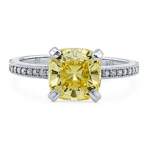BERRICLE Sterling Silver Solitaire Wedding Engagement Rings 3 Carat Canary Yellow Cushion Cut Cubic Zirconia CZ Ring for Women, Rhodium Plated Size 6