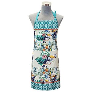 RED LMLDETA Adjustable Neck Strap Bib Apron 3 Pockets Extra Long Ties 100% Cotton Bird Printing Kitchen Men Women Chef Waiters Cooking Baking Barbecue BBQ Crafting Garden Christmas Gift (Bird flower)